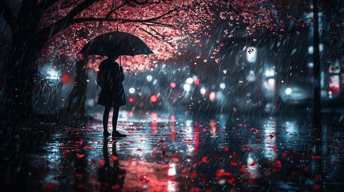 雨夜樱花树下撑伞女子图片-包图网企业站