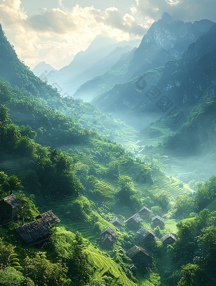 郁郁葱葱的山谷村庄图片-包图网企业站