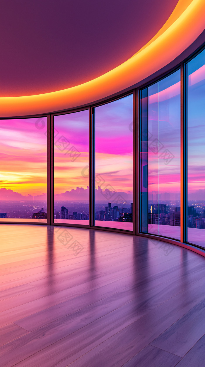 圆形房间窗外粉色天空图片-包图网企业站