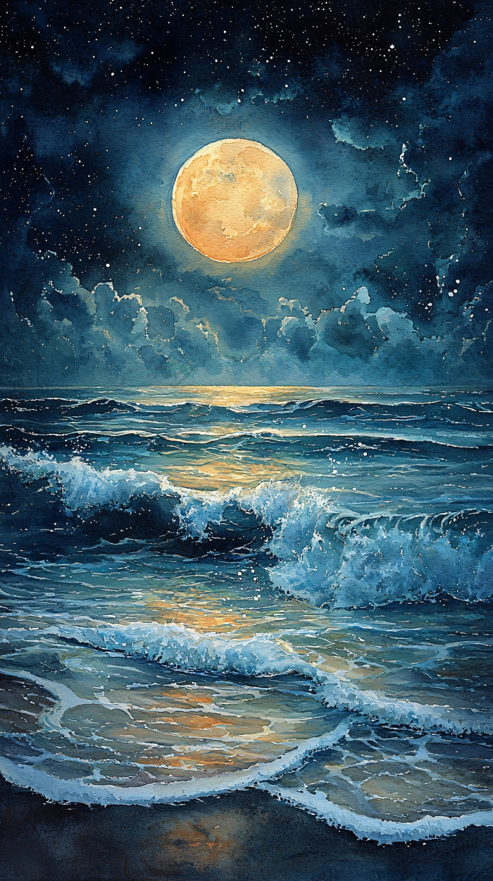 月夜海浪梦幻水彩图片-包图网企业站
