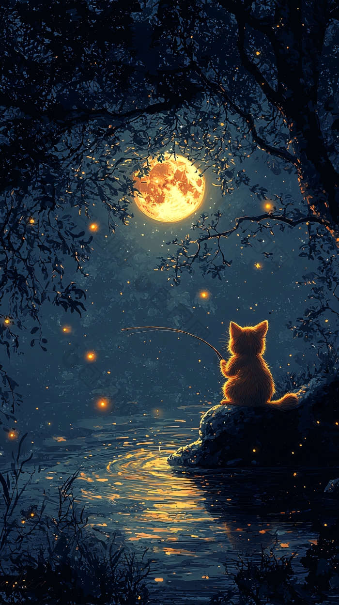 月夜猫咪垂钓童话图片-包图网企业站