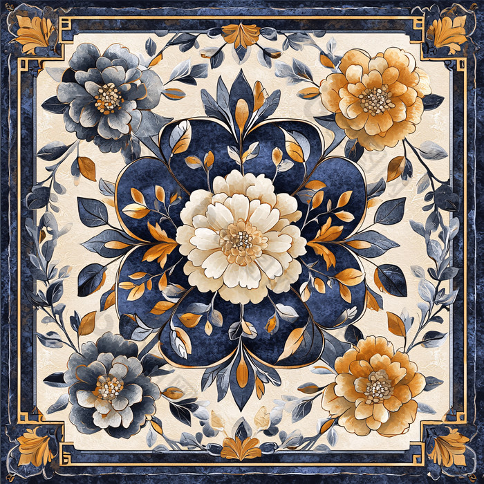 中式花卉瓷砖蓝色背景图片-包图网企业站