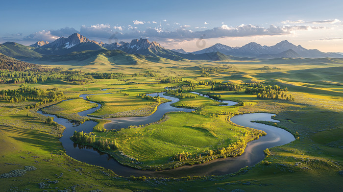 壮丽山河蜿蜒河流绿色田野图片-包图网企业站