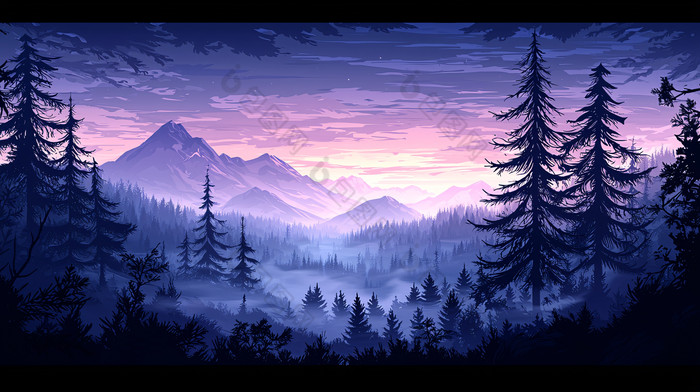 紫色山脉森林夜景绘画图片-包图网企业站