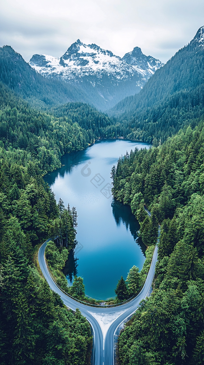 蜿蜒山路环绕静谧湖泊图片-包图网企业站