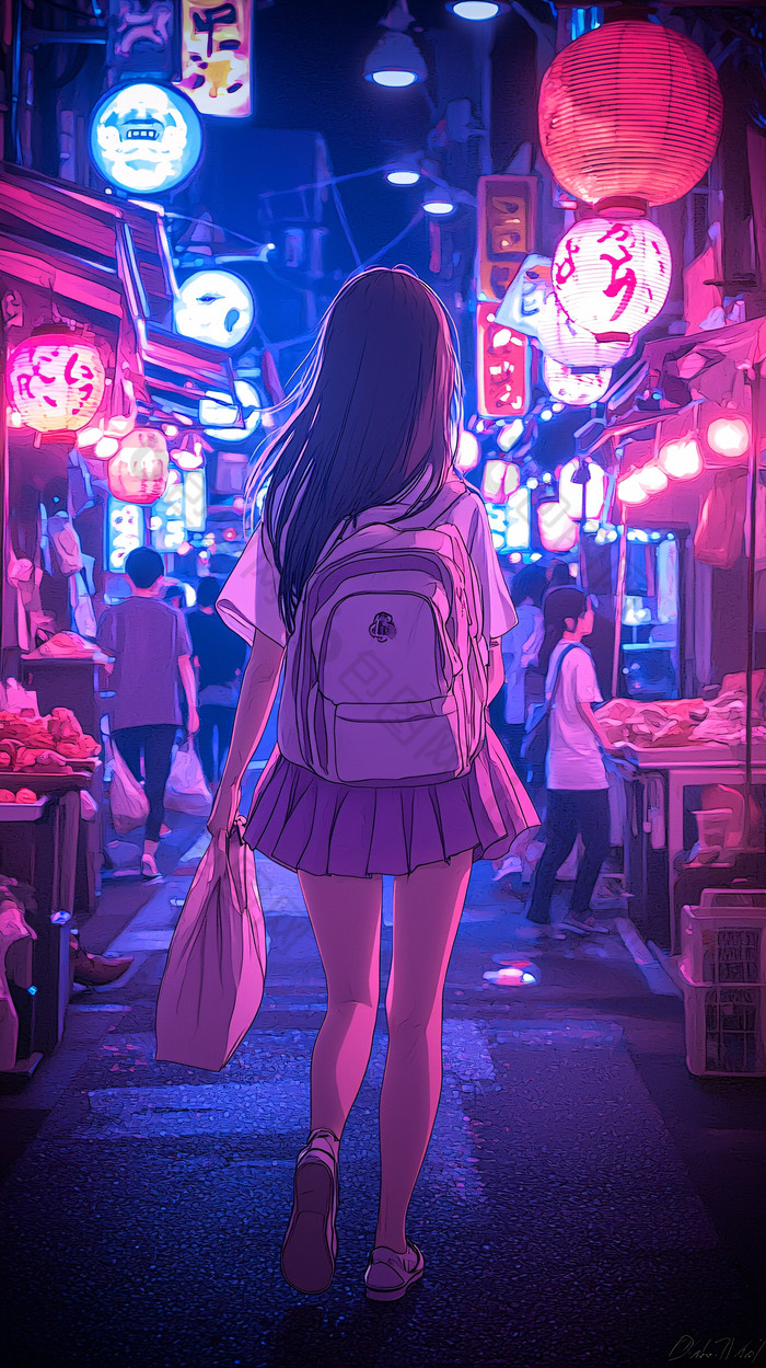 夜晚霓虹灯下的女孩背影图片-包图网企业站