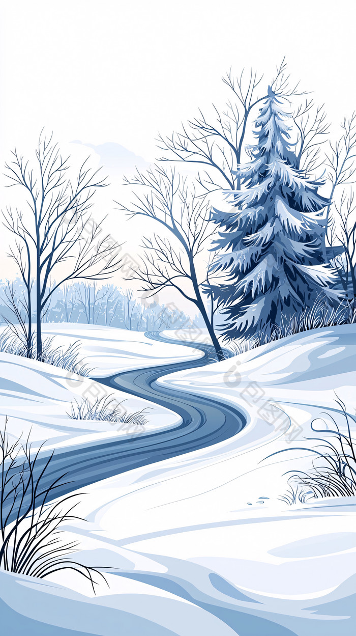 冬日雪景小径插画冬季景色图片-包图网企业站