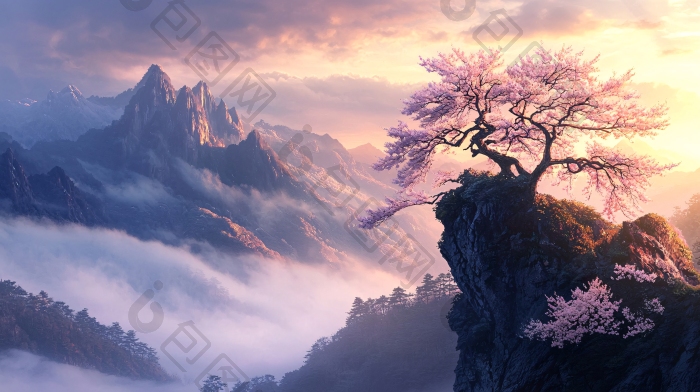 山间云雾樱花树图片-包图网企业站