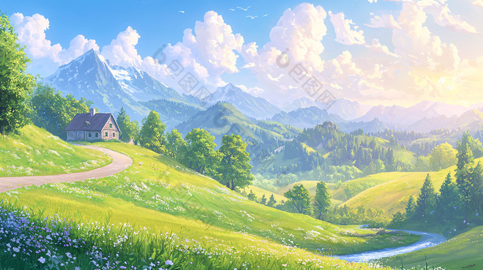 山间小屋与绿野风光绿树图片-包图网企业站