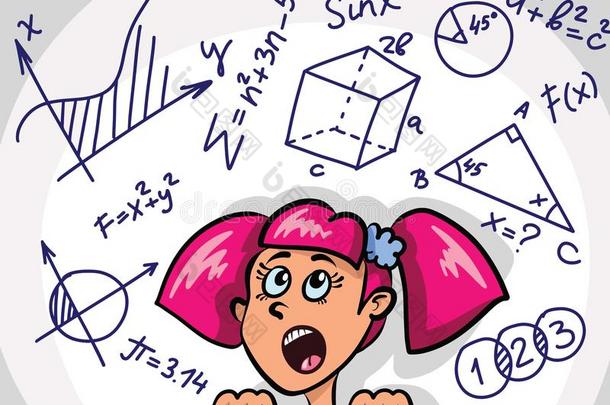 漂亮的漫画女孩和数学和几何学公式和问题向-包图企业站