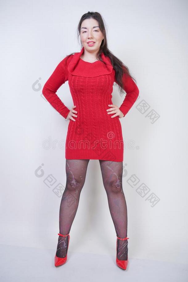 漂亮的亚洲人胖乎乎的女人使摆姿势采用红色 包图企业站