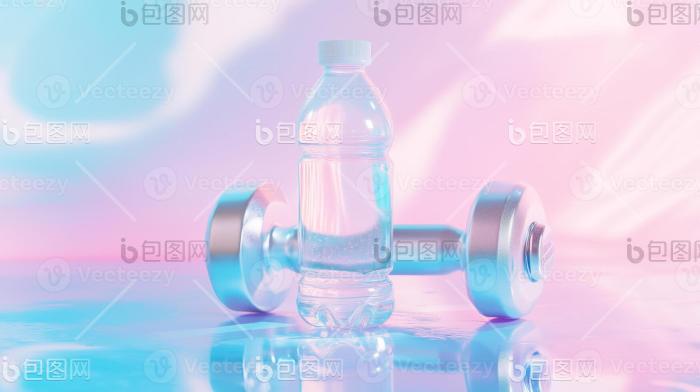 彩色背景中的一瓶水和哑铃镜头图片-包图网