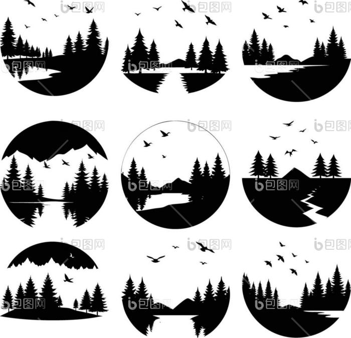 九幅圆形构图描绘了多样的森林景观鸟儿png下载-包图网