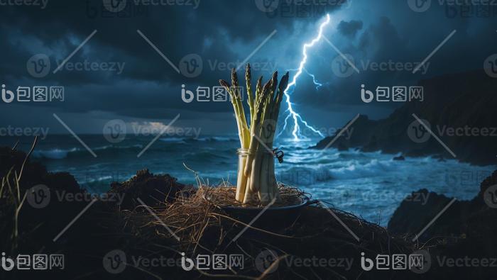 暴风雨海洋附近的芦笋束与闪电素材图片-包图网