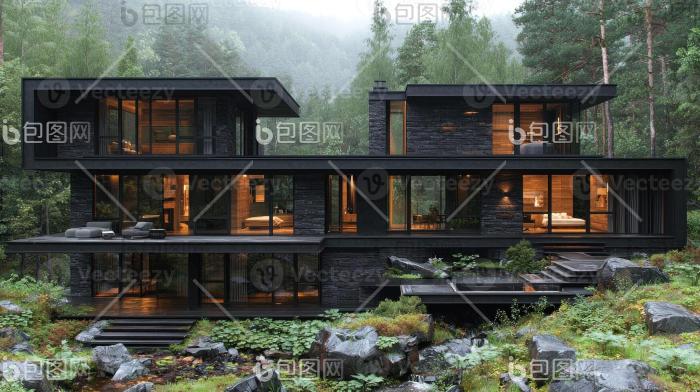 树林里有一栋现代房屋树木繁多图片-包图网