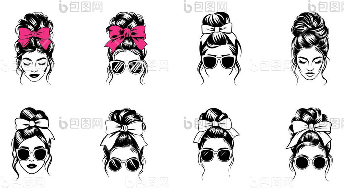带蝴蝶结和太阳镜的女性发型png下载-包图网